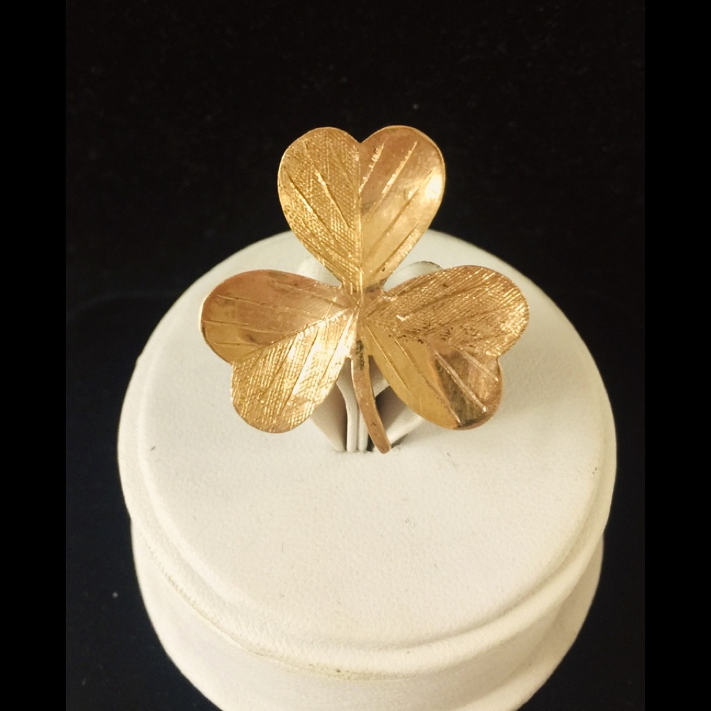 Vintage Lucky 9k Gold Three Leaf Clover Brooch - Gem